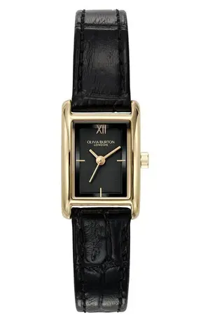 OLIVIA BURTON Mini Grove Rectangular Croc Embossed Leather Strap Watch - Black