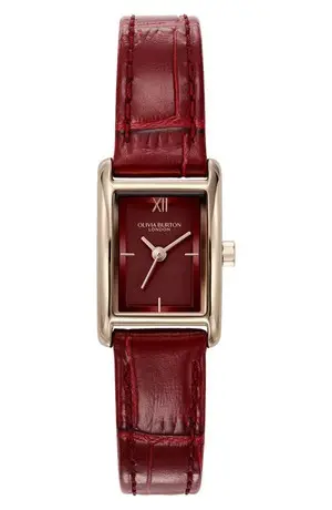 OLIVIA BURTON Mini Grove Rectangular Croc Embossed Leather Strap Watch Red