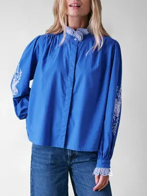 CAPE COVE Jewel Trim Cotton Carla Blouse - Cobalt Blue