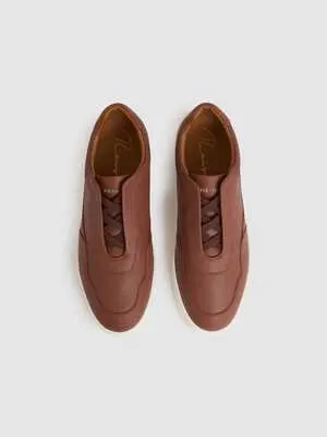 REISS Grained Leather Elasticated Lace Trainers - Terracotta Brown