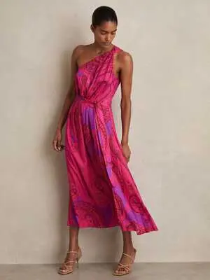 REISS Paisley-print One-shoulder Midi Dress