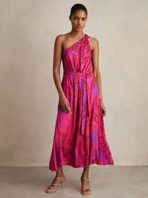 REISS Paisley-print One-shoulder Midi Dress