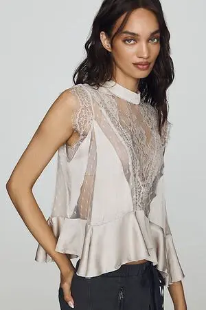 Anthropologie Harmony Sheer Lace Peplum Blouse - Stone