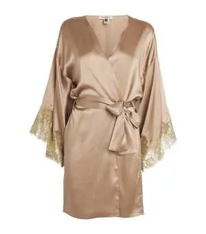 GILDA & PEARL Silk Lace-trim Gina Short Robe - Beige