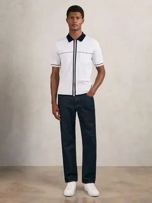 REISS Baxter Compact-knit Tipped Zip-through Shirt - White/navy/blue