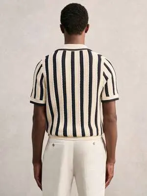 REISS Duncan Cotton Blend Stripe Knit Polo Shirt