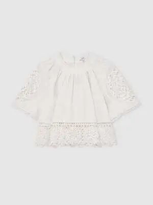 REISS Carine Linen Embroidered Top