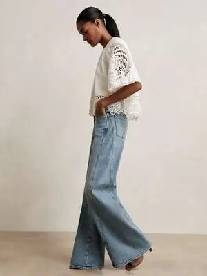 REISS Carine Linen Embroidered Top