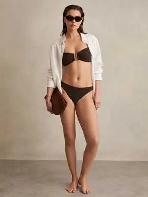 REISS Carina Fixed-Side Bikini Bottoms Chocolate