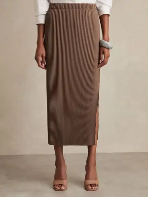 REISS Pippa Pleated Jersey Midi Skirt - Chocolate