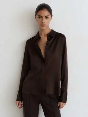 REISS Ameira Silk-Satin Shirt Grape Burgundy