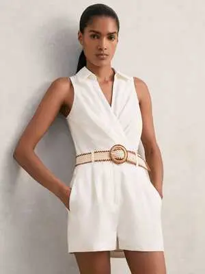 REISS Mila Linen Belted Playsuit