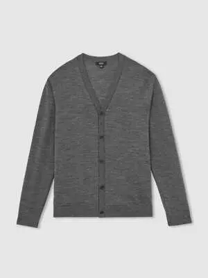 REISS Merino Wool Button-through Cardigan - Derby Grey Melange