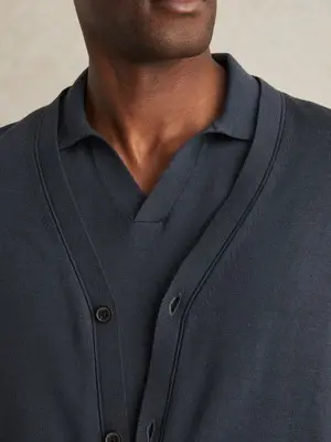 REISS Wool Button-through Cardigan - Midnight Navy