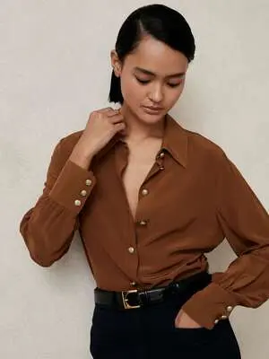 REISS Gianna Silk Embossed-button Shirt