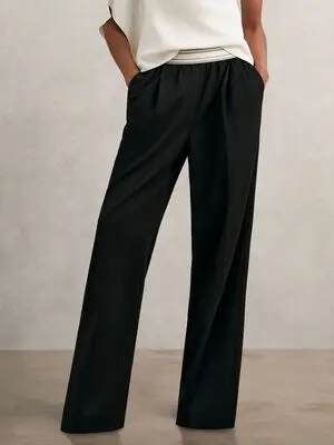 REISS Wide-leg Trousers With Contrast Waistband - Black