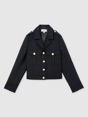 REISS Wool Twill Cropped Jacket - Black