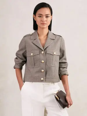 REISS Wool Twill Cropped Jacket - Neutral Check