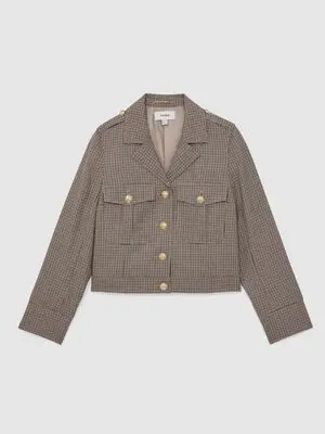 REISS Wool Twill Cropped Jacket - Neutral Check