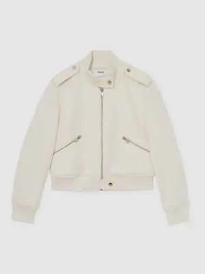 REISS Cleo Epaulette Wool Bomber Jacket - Cream
