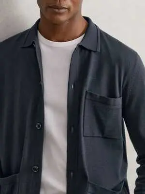 REISS Munich Merino Wool Button-through Shirt - Midnight Navy