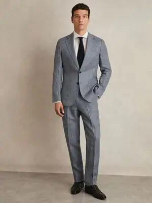 REISS Reef Slim Fit Single Breasted Linen Check Suit Blazer