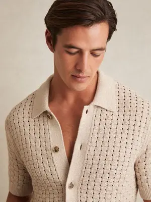 REISS Toby Basketweave Knit Button Through Cotton Blend Shirt