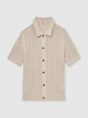 REISS Toby Basketweave Knit Button Through Cotton Blend Shirt