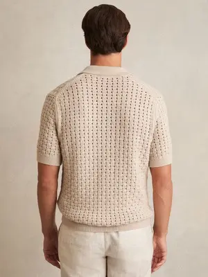 REISS Toby Basketweave Knit Button Through Cotton Blend Shirt