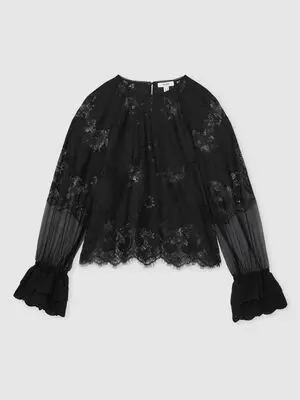 REISS Emilia Lace Flared-cuff Blouse