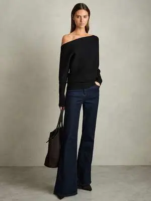 REISS Lorna Asymmetric Draped Knitted Jumper - Black
