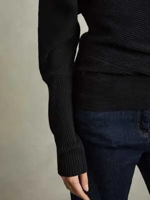 REISS Lorna Asymmetric Draped Knitted Jumper - Black