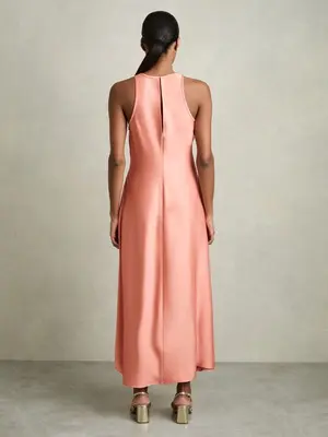 REISS Anessa Satin Shirred Midi Dress