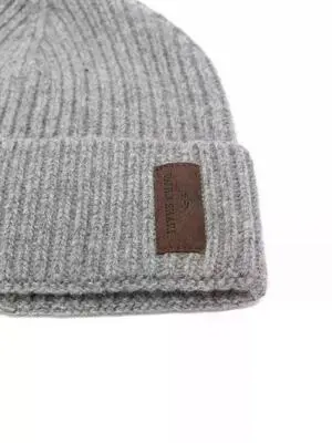 Paul & Shark Ribbed Leather-patch Beanie - Grey