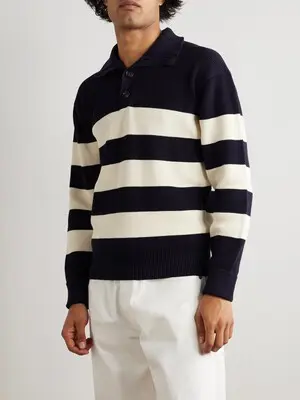 Dunhill Striped Ribbed Cotton Half-placket Sweater - Blue