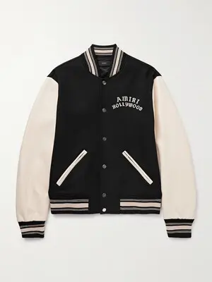Amiri Logo-embroidered Leather And Wool-blend Varsity Jacket - Black