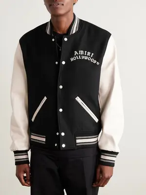 Amiri Logo-embroidered Leather And Wool-blend Varsity Jacket - Black