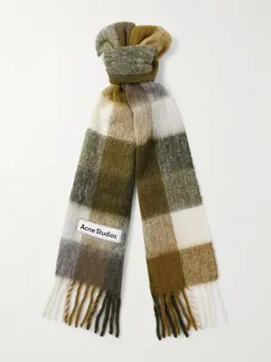Acne Studios Vally Fringed Checked Knitted Scarf - Green