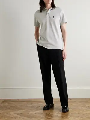 AMI Paris Logo-embroidered Organic Cotton-piqué Polo Shirt - Gray