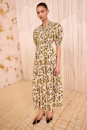 Ulla Johnson Othella Short Sleeve Midi Dress In Floral Print Cotton Poplin