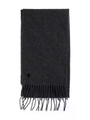 Ami Logo-embroidered Fringed Scarf - Grey