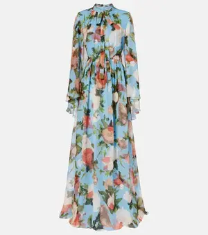 Erdem Caped Floral Silk Voile Gown