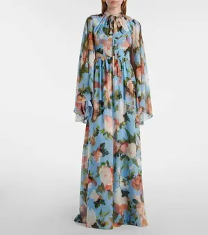 Erdem Caped Floral Silk Voile Gown