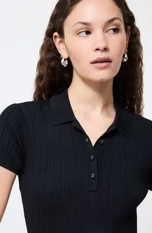 French Connection Crinkle Knit Polo Minidress - Black