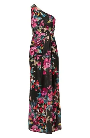 Adrianna Papell Pleated Floral Print One-shoulder Gown