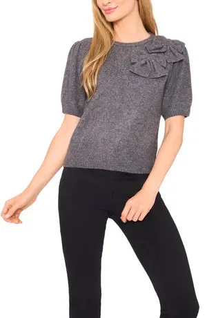 CECE DUPRAZ Puff Sleeve Sweater With Bow Detail - Medium Heather Grey