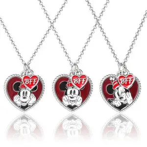 Disney Mickey & Minnie Mouse Heart Pendant Necklace Set - Silver, Red