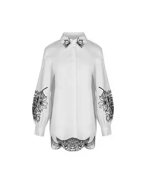 Anne Fontaine Long-sleeve Cotton Poplin Shirt With Embroidered Flowers