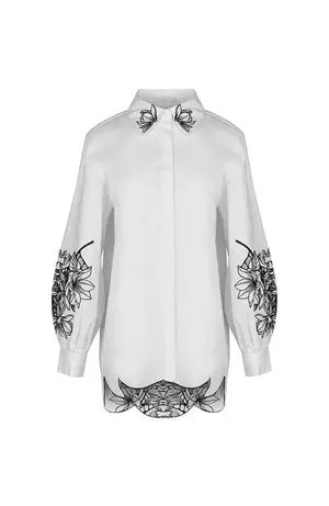Anne Fontaine Long-sleeve Cotton Poplin Shirt With Embroidered Flowers