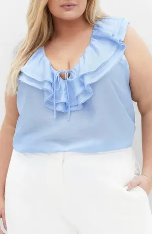 City Chic Athena Ruffle Sleeveless Top - Sky Blue